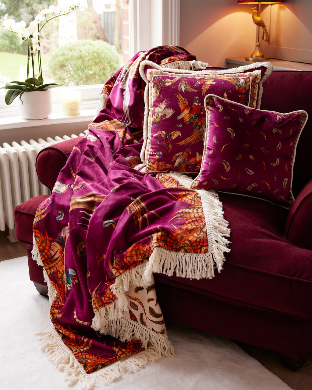 The Game Is Up Luxury Pheasant Throw King Size Blanket in Mulberry Red – Clare Haggas