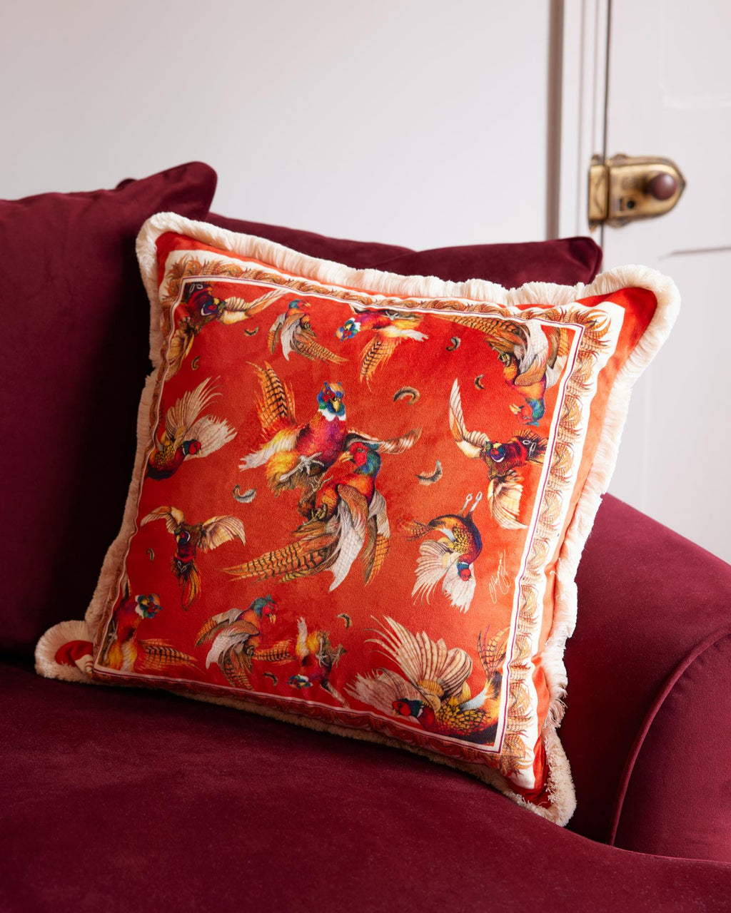Clare Haggas Russet Orange Large Velvet Pheasant Double Sided Cushion