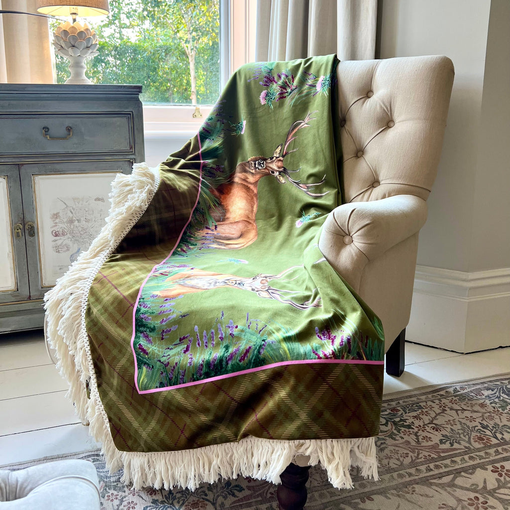 Caledonia Luxury Velvet Stag King Size Blanket Scottish Throw in Moss ...