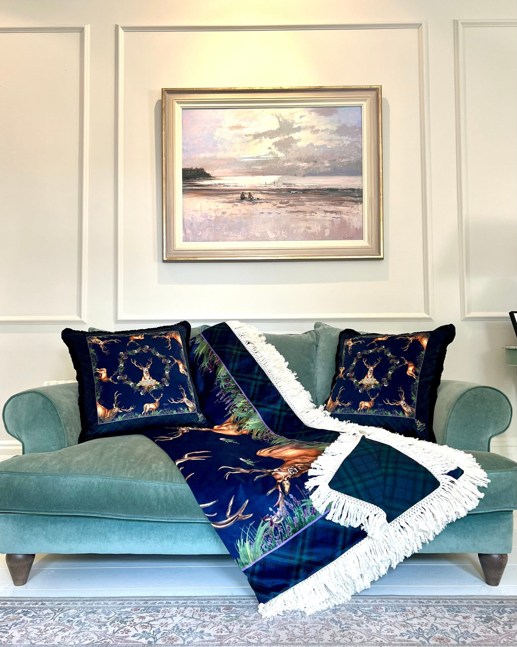 Caledonia Luxury Velvet Stag King Size Blanket Scottish Throw in Navy ...