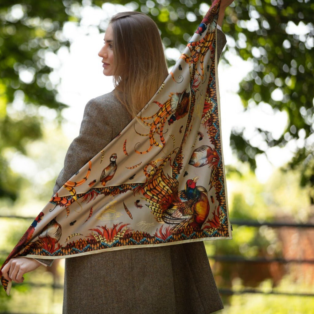 Clare Haggas Heads or Tails Toffee Large Square Silk Scarf