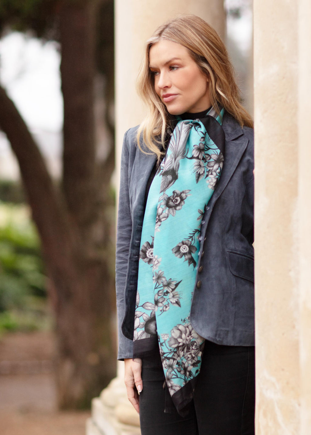Clare Haggas Airs & Graces Monochrome Sapphire Blue Wool Silk Wrap