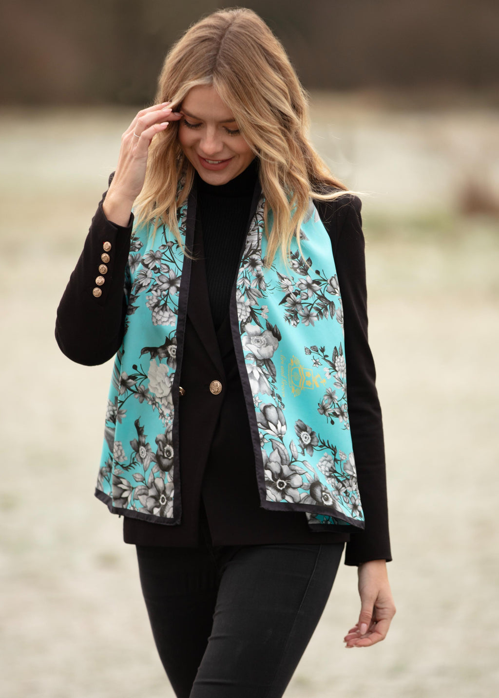 Clare Haggas Airs & Graces Monochrome Sapphire Blue Classic Silk Scarf