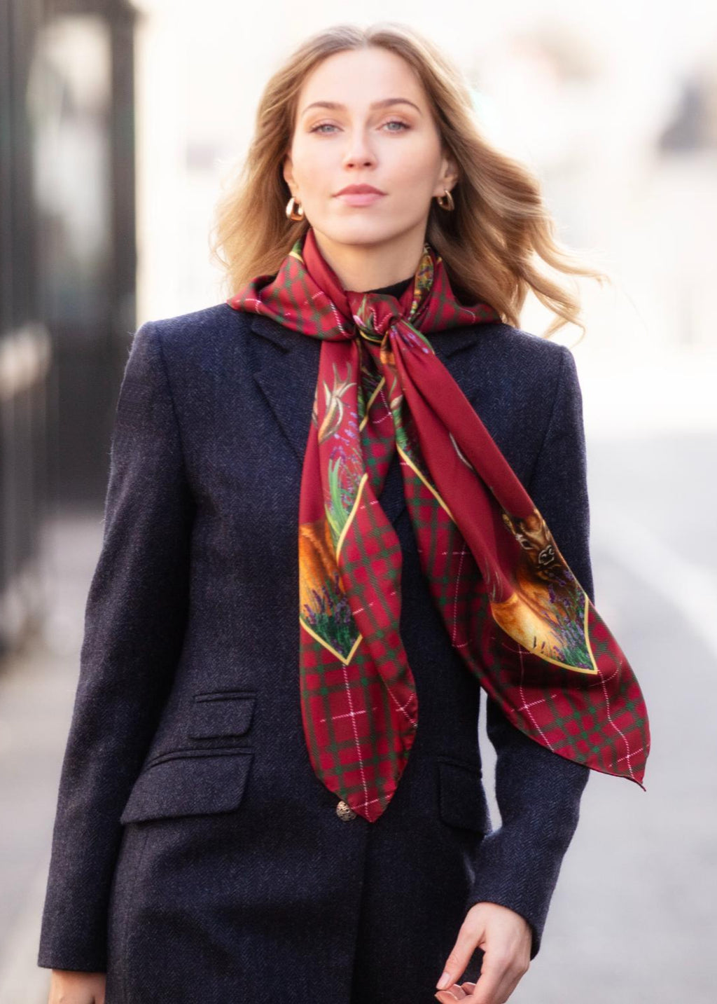 Caledonia Holly Berry Red Large Square Pure Silk Scarf Stag Scottish ...