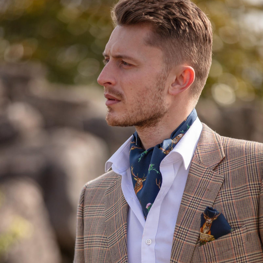 Caledonia Navy Blue Pure Silk Gentlemen's Cravat Stag Scottish Tartan ...