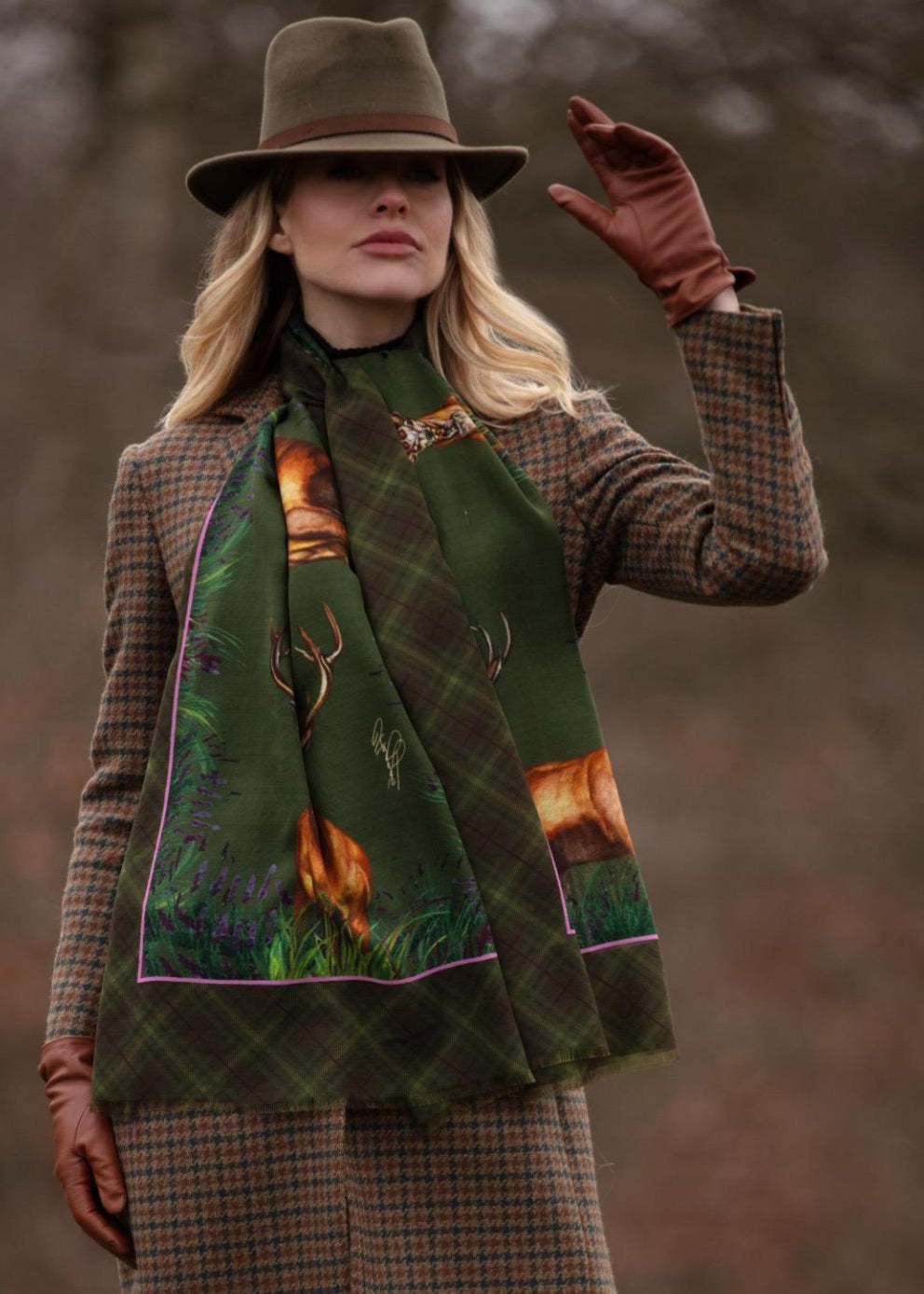 Caledonia Moss Green Wool Silk Wrap Scarf Stag Scottish Tartan – Clare ...