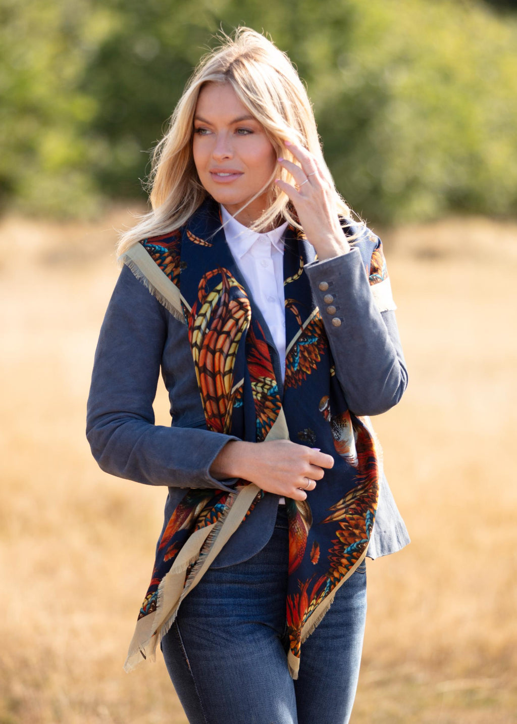 Heads or Tails Navy Blue Silk Shawl Pheasant Scarf – Clare Haggas
