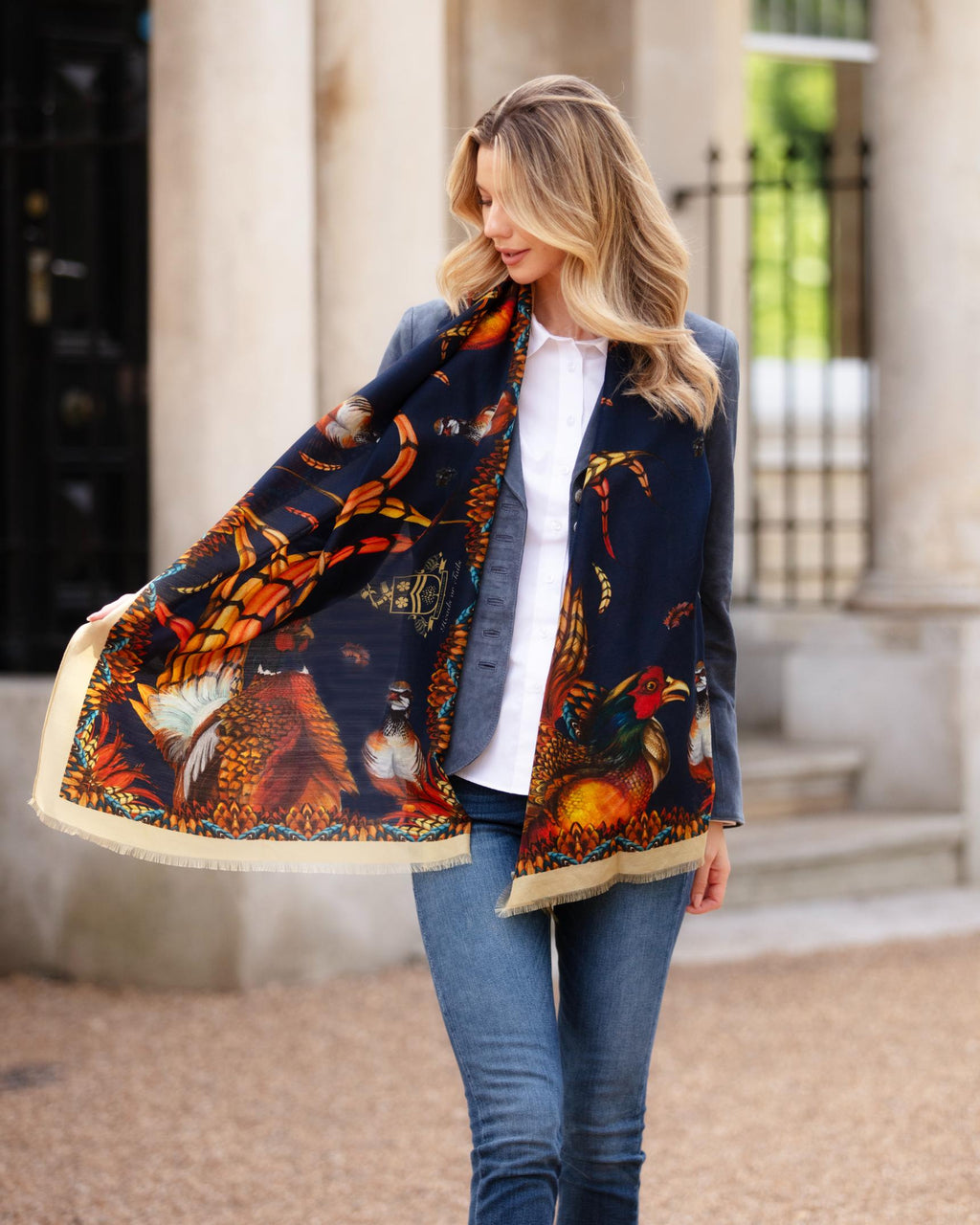 Heads or Tails Navy Blue Silk Wrap Pheasant Shooting Country Scarf ...