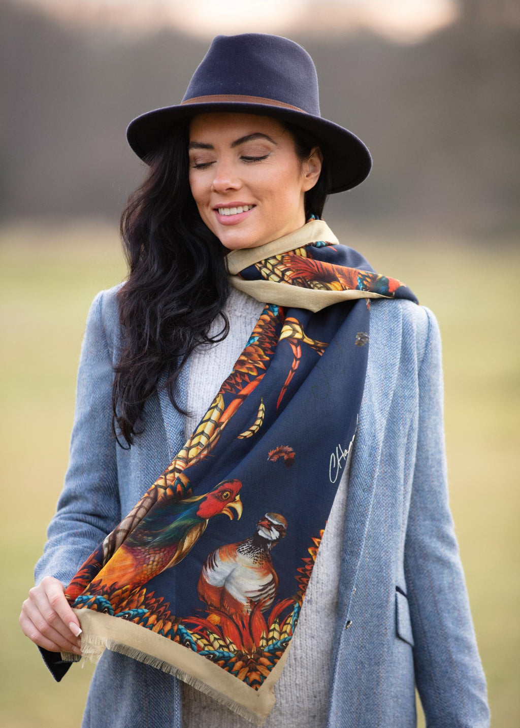 Heads or Tails Navy Blue Silk Wrap Pheasant Shooting Country Scarf ...