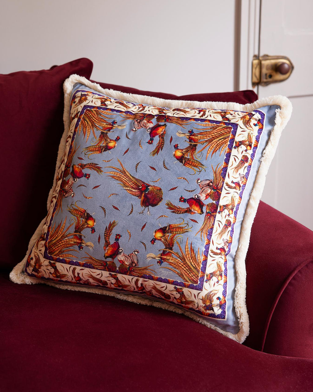 Clare Haggas Pigeon Grey Large Velvet Pheasant Double Sided Cushion