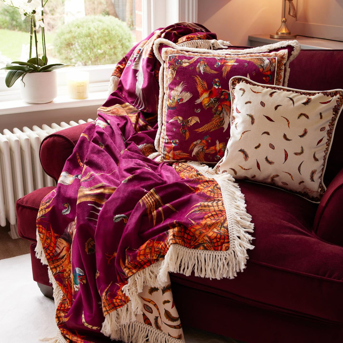 The Game Is Up Luxury Pheasant Throw King Size Blanket in Mulberry Red – Clare Haggas