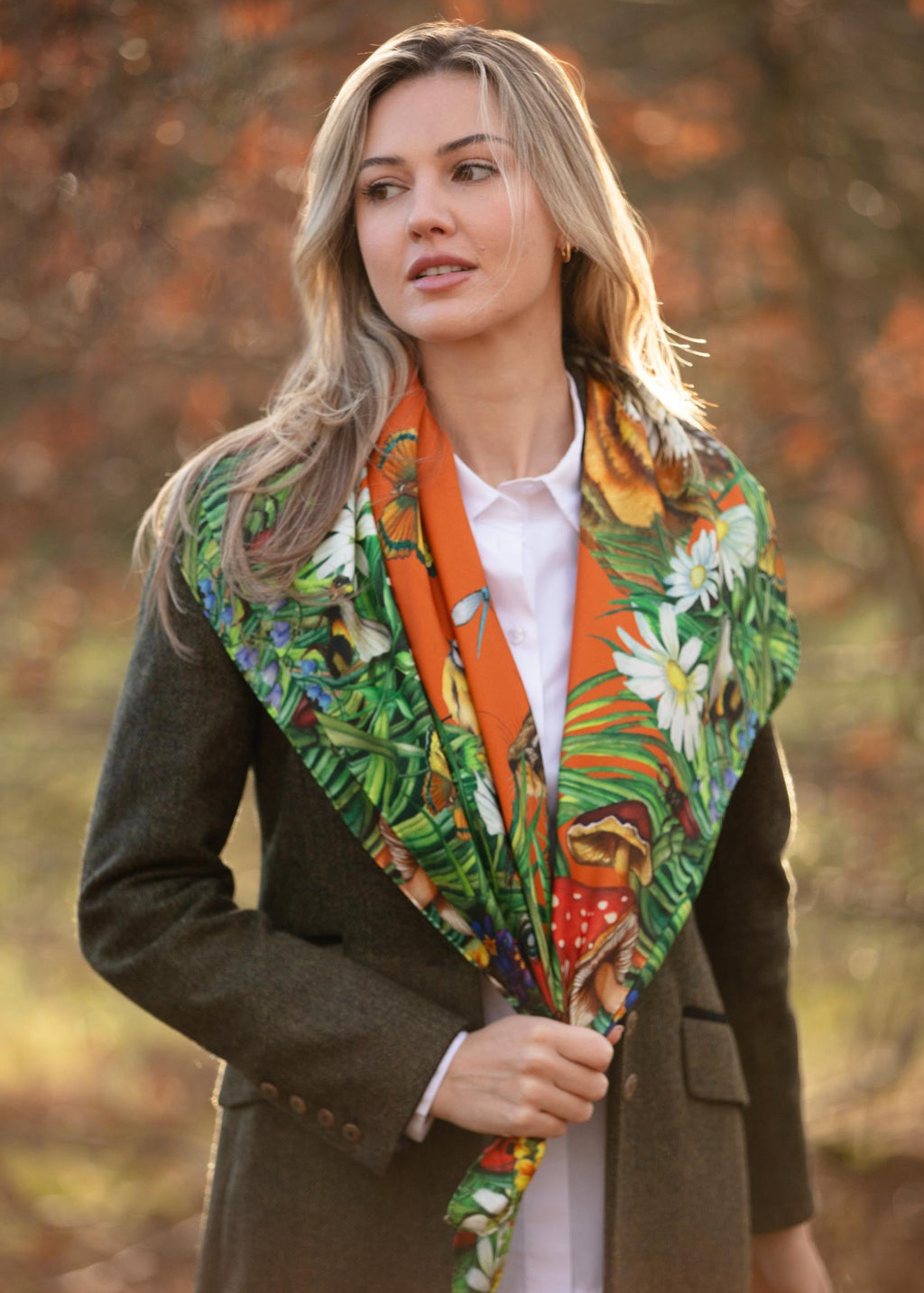 Clare Haggas Woodland Wonder Saffron Large Square Silk Country Fox Scarf