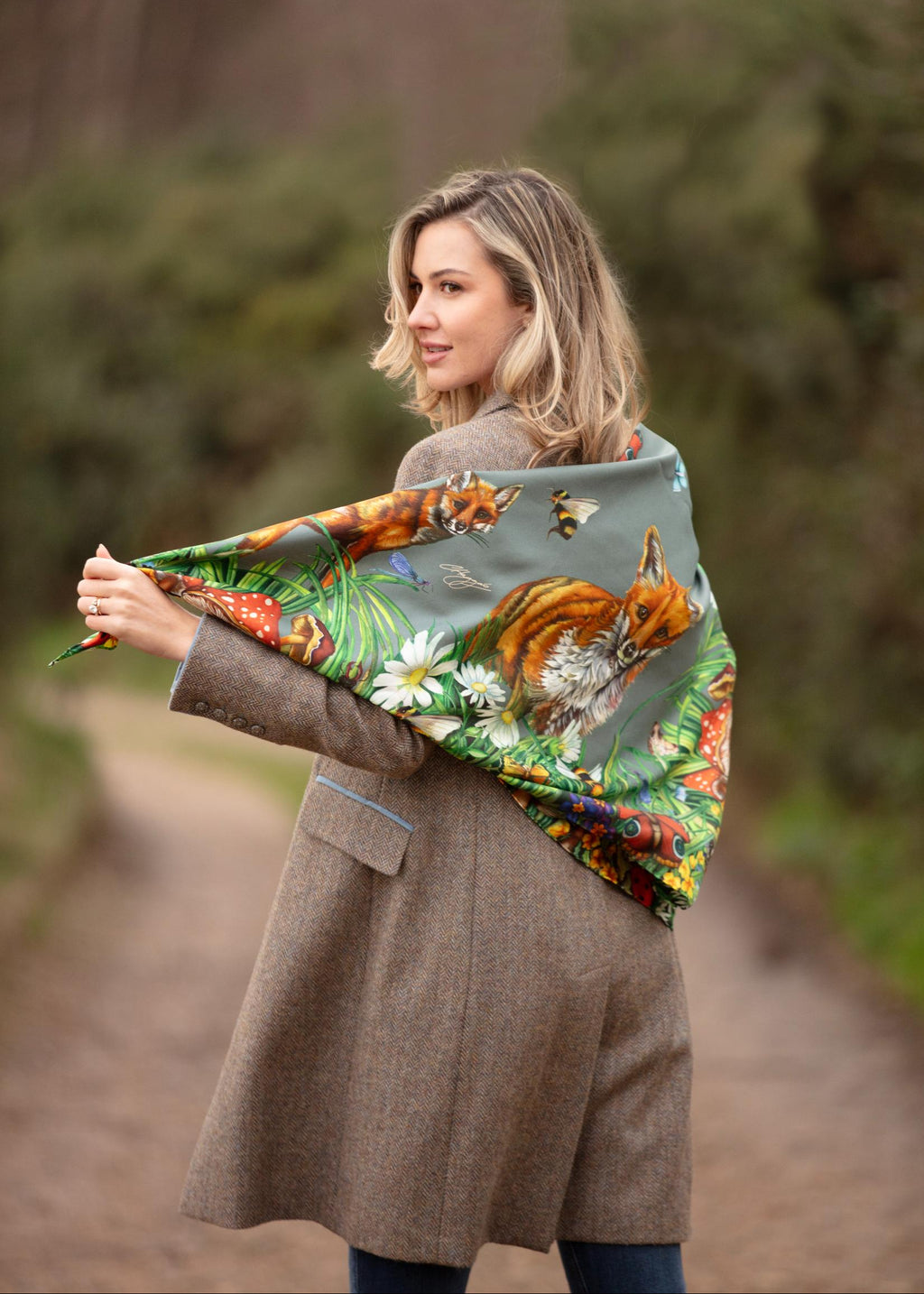 Clare Haggas Woodland Wonder Silver Sage Large Square Silk Country Fox ...