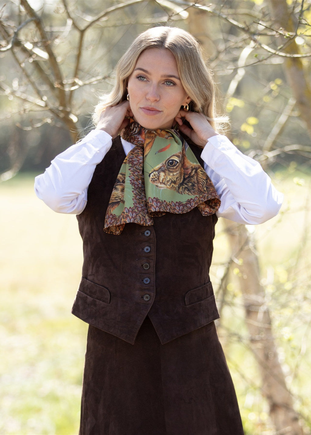 Clare Haggas A Head of the Game Fern Green Narrow Pure Silk Scarf