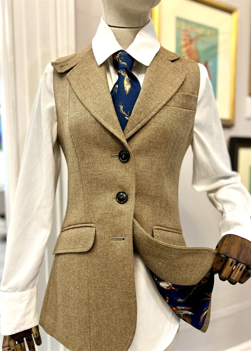 Tweed Long-line Waistcoat With Navy Lining – Clare Haggas