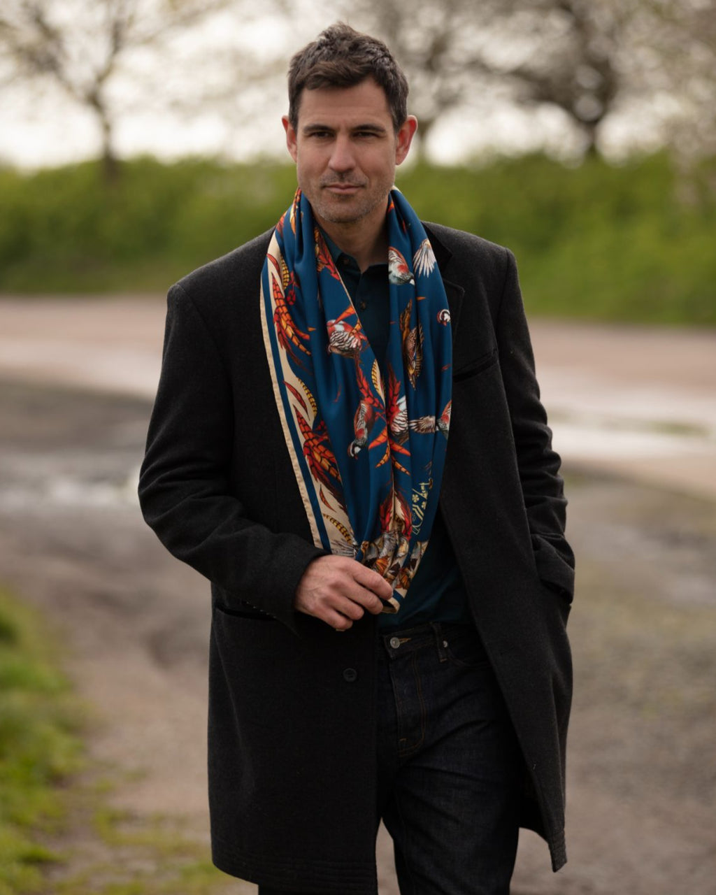 Here Come The Boys Silk Game Scarf in Petrol – Clare Haggas
