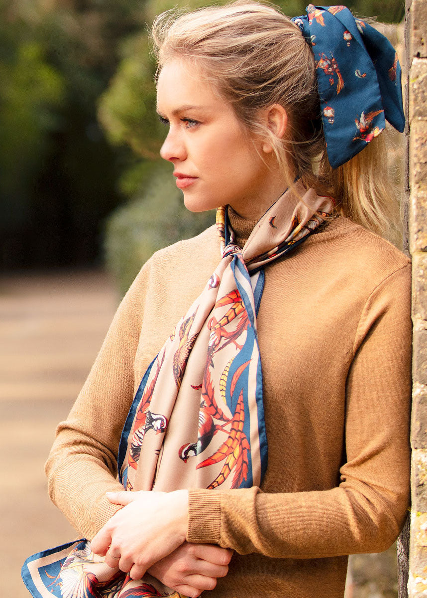 Clare Haggas Best In Show Toffee & Navy Classic Silk Scarf