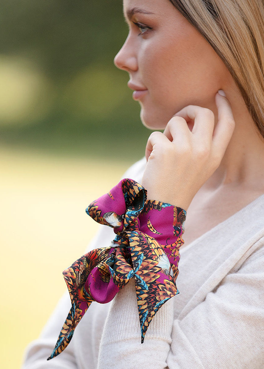Clare Haggas Game Bird Mulberry & Khaki Silk Twilly