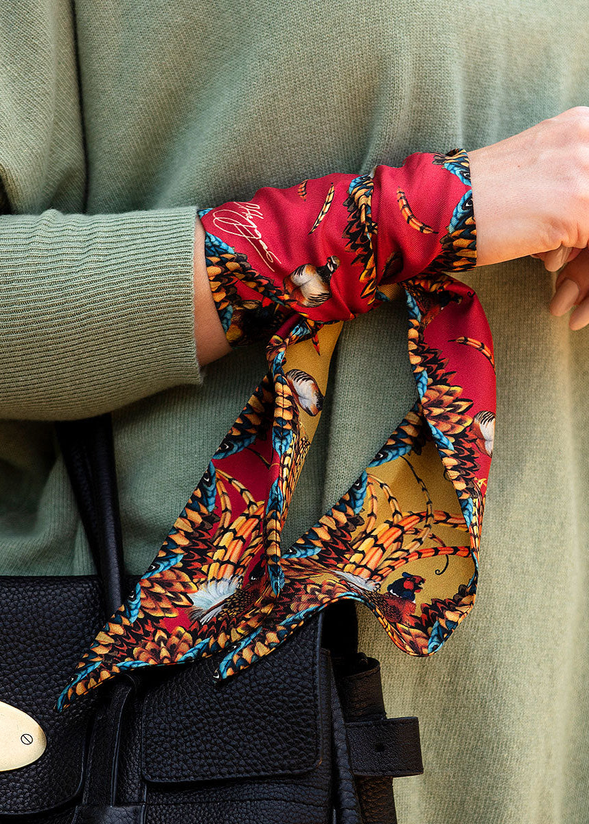 Clare Haggas Game Bird Red & Gold Silk Twilly