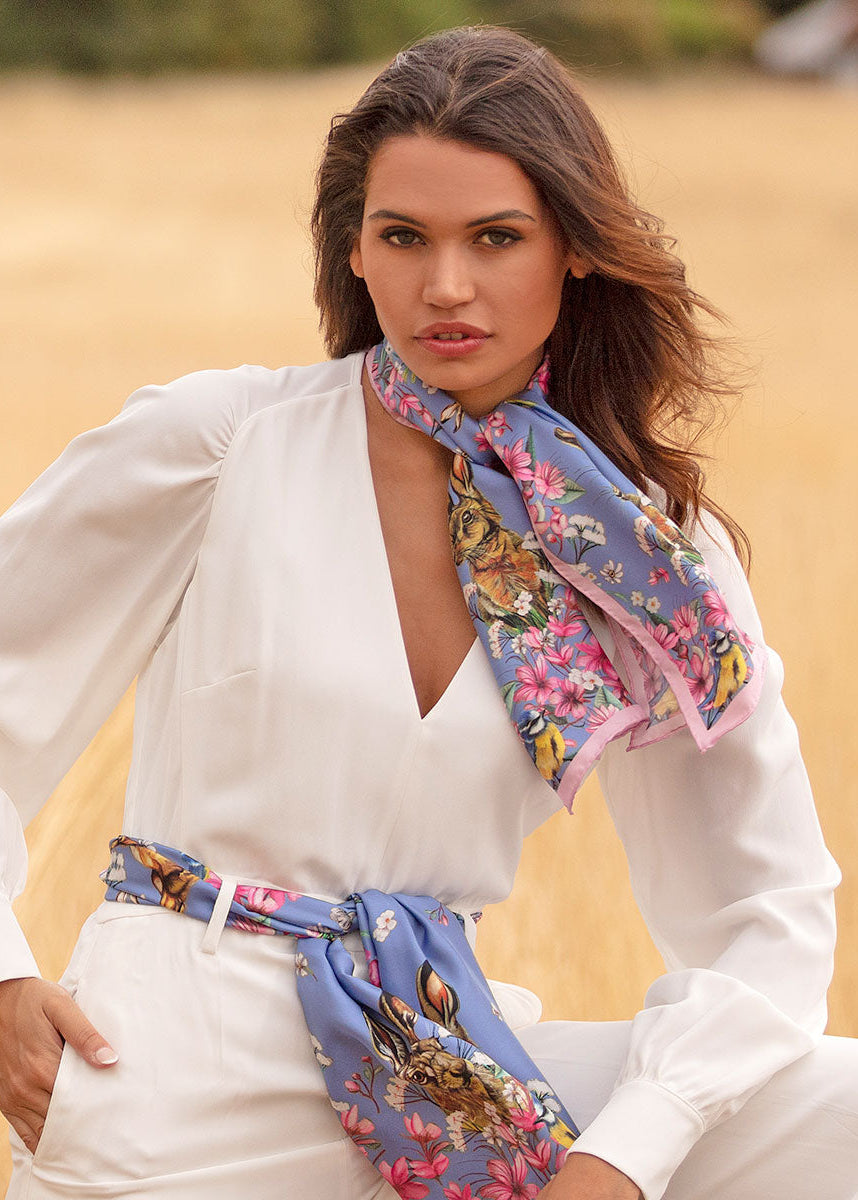 Clare Haggas Oopsie Daisy Periwinkle Narrow Silk Scarf