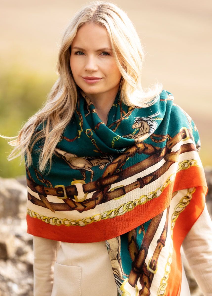 Clare Haggas Rearing To Go Rust & Teal Wool Silk Shawl